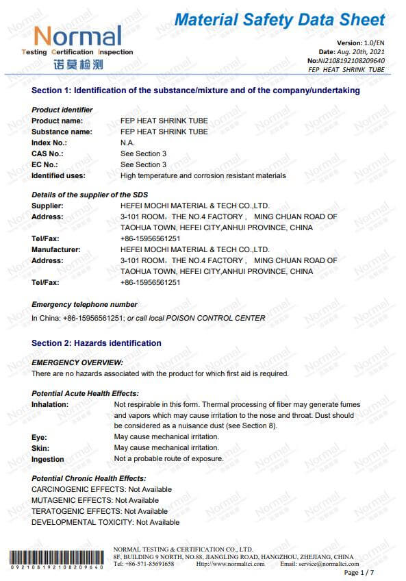 Certification - FEP,PFA,PTFE,ETFE,PVDF,ECTFE